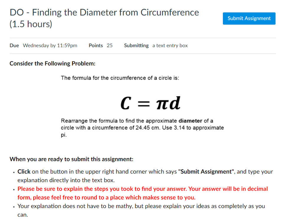 Solved Finding the Diameter from Circumference | Chegg.com