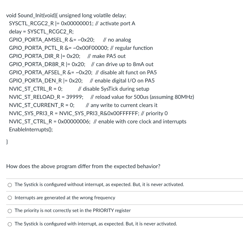 = void Sound_Init(void){ unsigned long volatile | Chegg.com