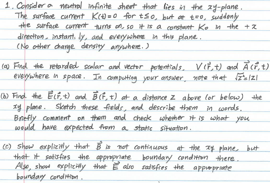 Solved 1. Consider a neutral infinite sheet that lies in the | Chegg.com