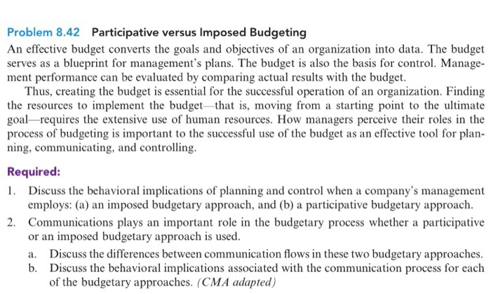 Solved Problem 8.42 Participative versus Imposed Budgeting | Chegg.com