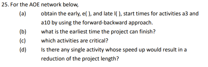 Solved 25. For the AOE network below, (a) obtain the early, | Chegg.com