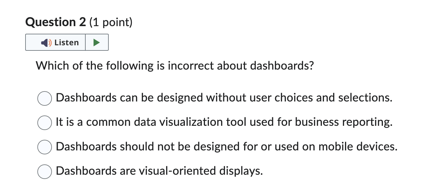 Solved Which of the following is incorrect about dashboards? | Chegg.com