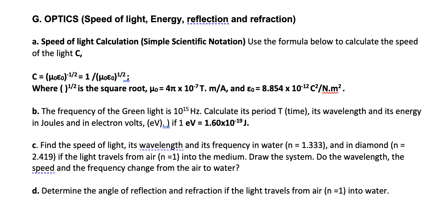 Solved G. OPTICS (Speed of light, Energy, reflection and | Chegg.com