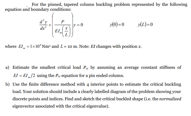 Solved For the pinned, tapered column buckling problem | Chegg.com