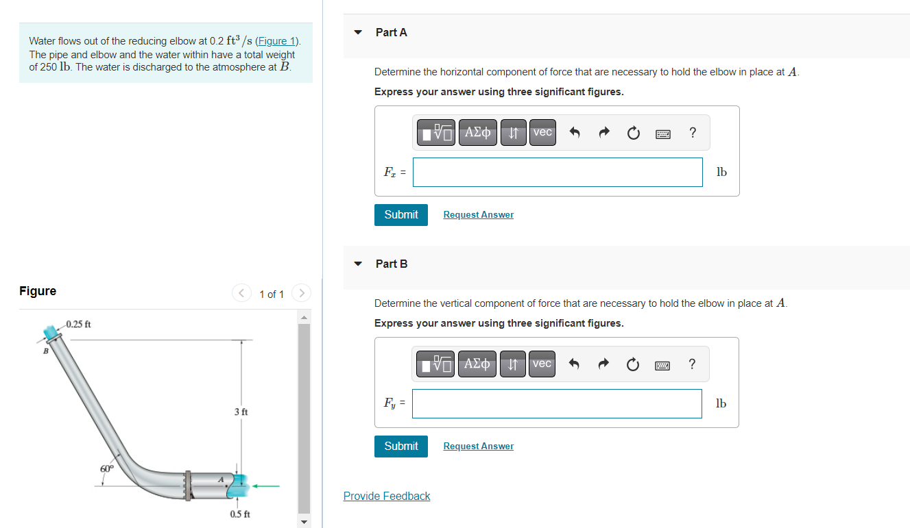 Solved Water flows out of the reducing elbow at 0.2ft3/s | Chegg.com