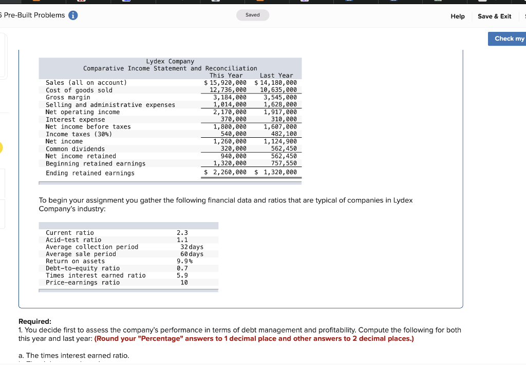 Solved Pre-Built Problems Saved Help Save & Exit Check my | Chegg.com