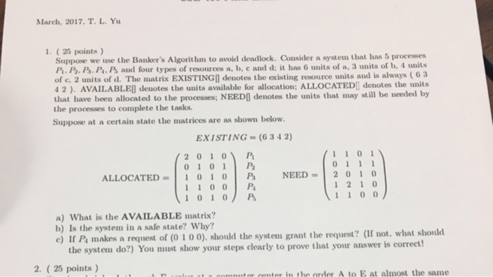 Solved Suppose we use the Banker's Algorithm to avoid | Chegg.com