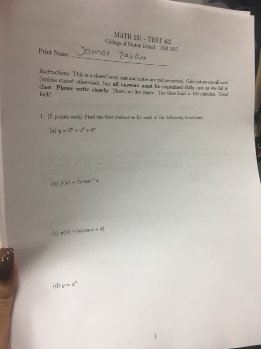 Solved MATH 231 . TEST #2 College of Staten Island Fall 2017 | Chegg.com