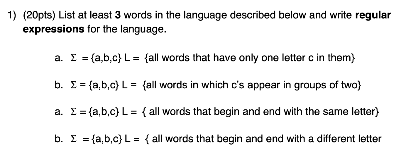 Solved 1) (20pts) List at least 3 words in the language | Chegg.com