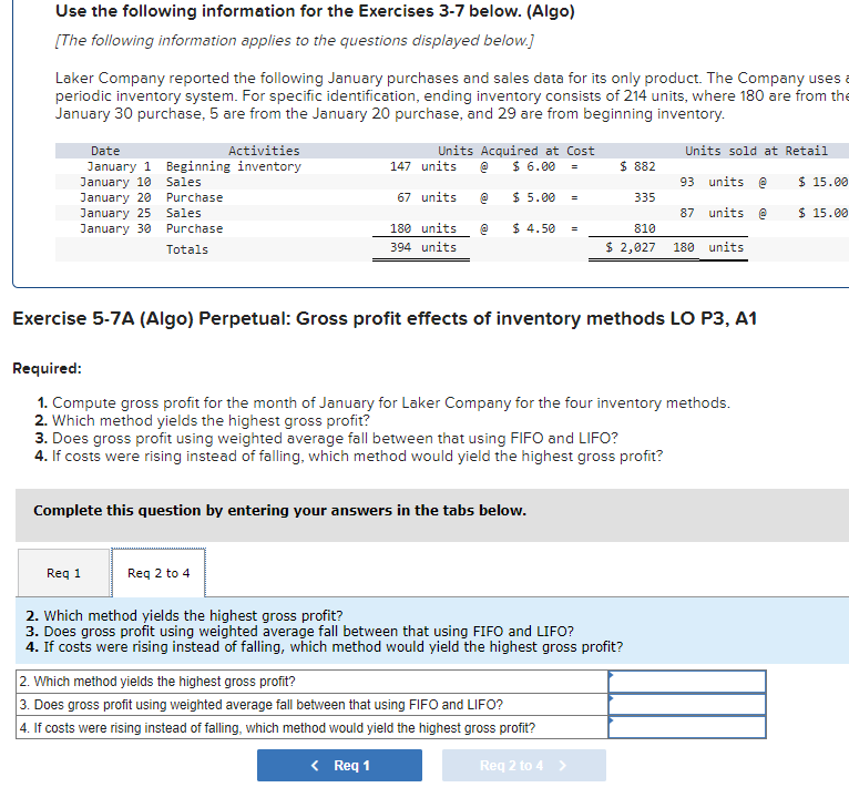 Solved Use the following information for the Exercises 3-7 | Chegg.com