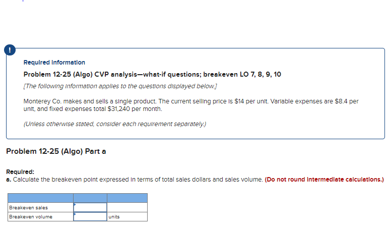 Solved Required Information Problem 12-25 (Algo) CVP | Chegg.com