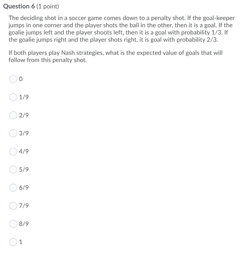 Solved Question 6 (1 point) The deciding shot in a soccer | Chegg.com