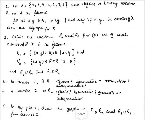 Solved on 1. Let A= {2,3,4,5,6,7,8} and define a binary | Chegg.com