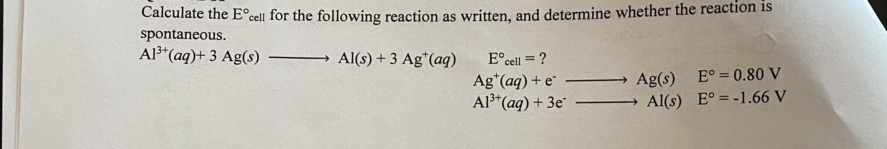 Solved Calculate the Ecell ∘ for the following reaction as | Chegg.com