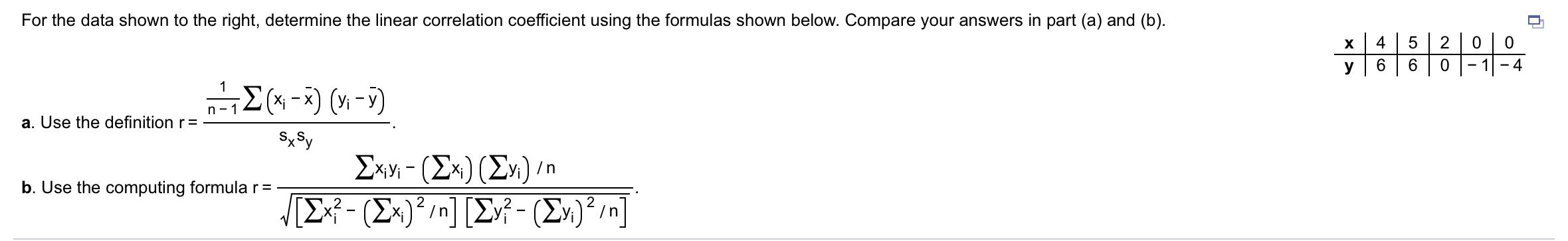 Solved For the data shown to the right, determine the linear | Chegg.com