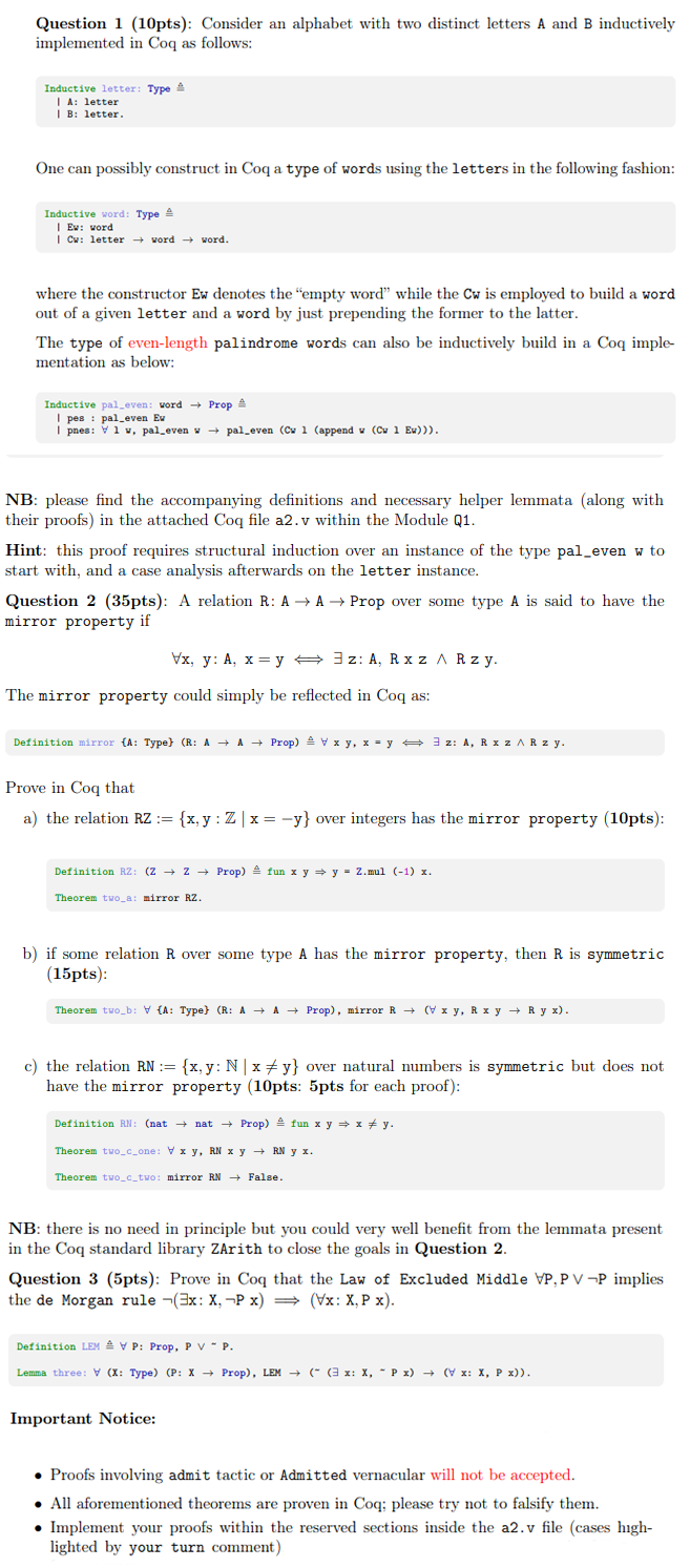 Programming Languages COQ homework a2.v file | Chegg.com