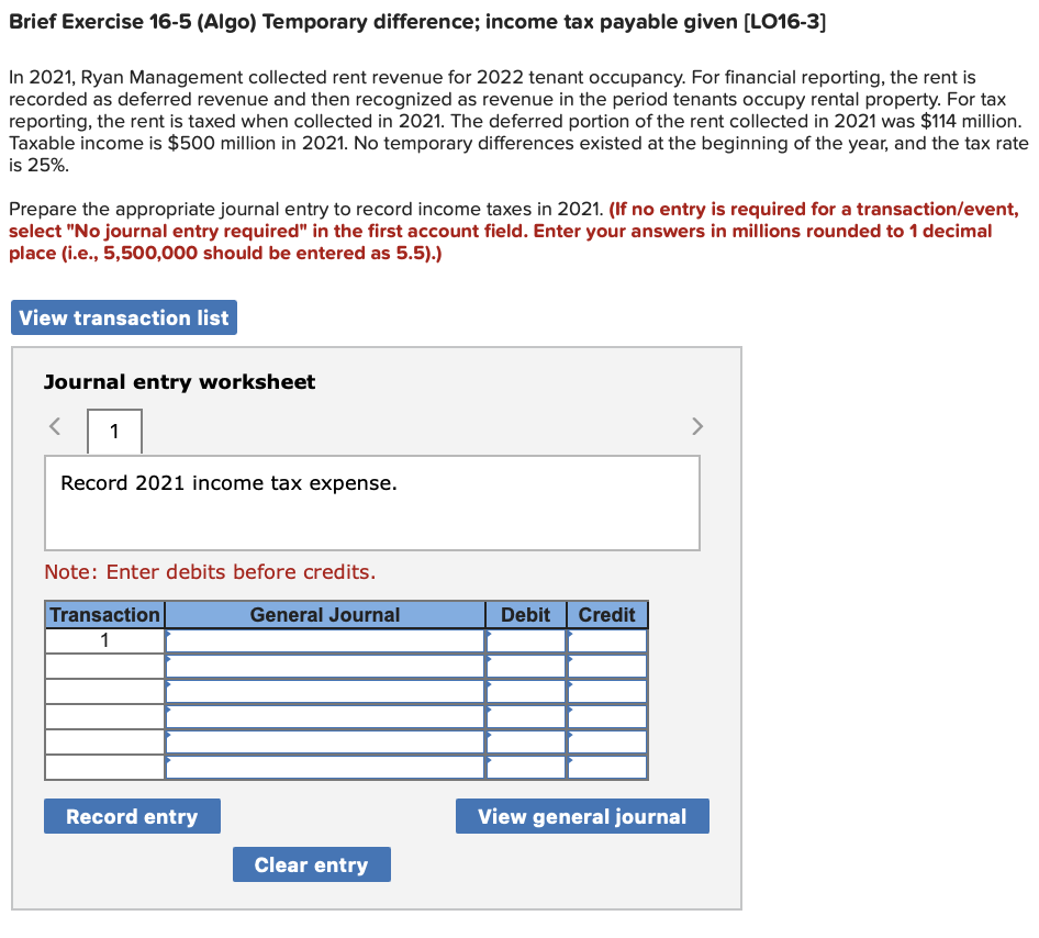 Solved Brief Exercise 16-5 (Algo) Temporary difference; | Chegg.com