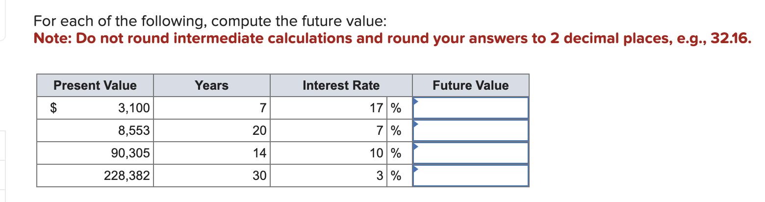 Solved For each of the following, compute the future value: | Chegg.com