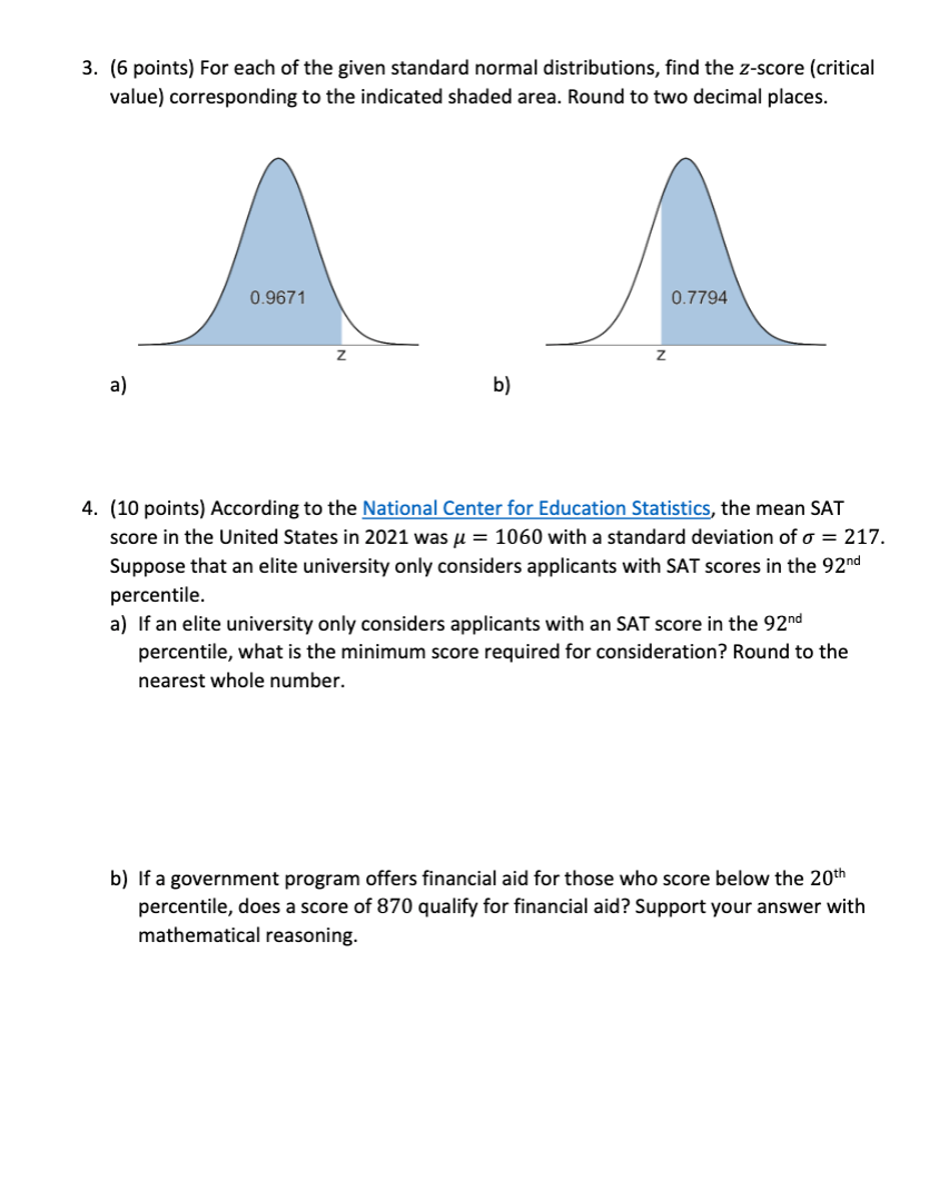 Solved 3. (6 points) For each of the given standard normal | Chegg.com