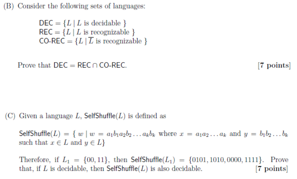Solved (B) Consider the following sets of languages: DEC = | Chegg.com