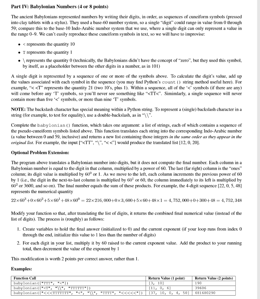 Solved Part IV: Babylonian Numbers (4 or 8 points) The | Chegg.com
