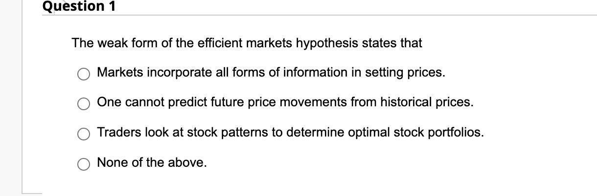 Solved The weak form of the efficient markets hypothesis | Chegg.com