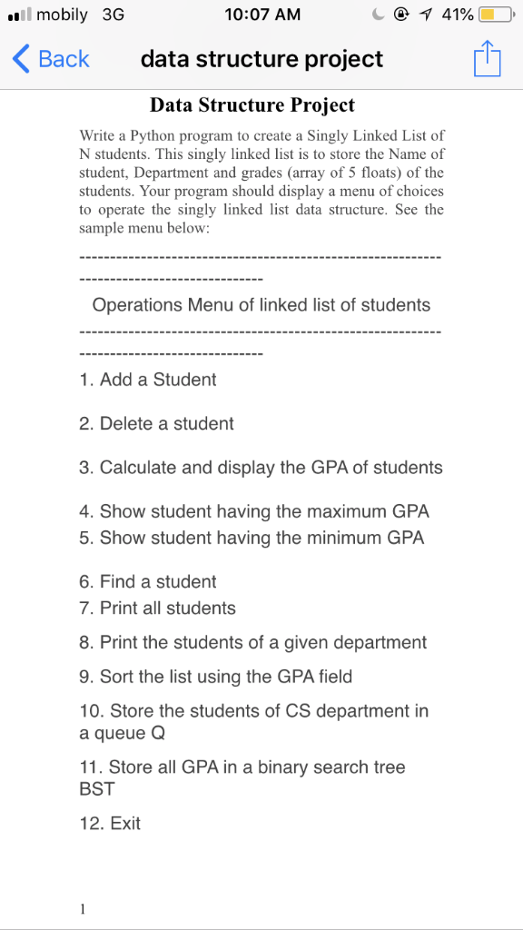 Solved l mobily 3G 10:07 AM Back data structure project Data | Chegg.com