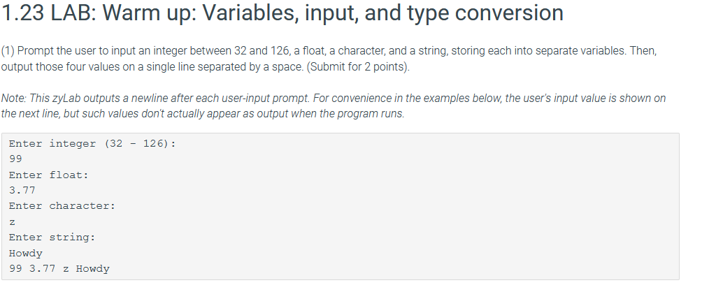 Solved: 1.23 LAB: Warm Up: Variables, Input, And Type Conv... | Chegg.com