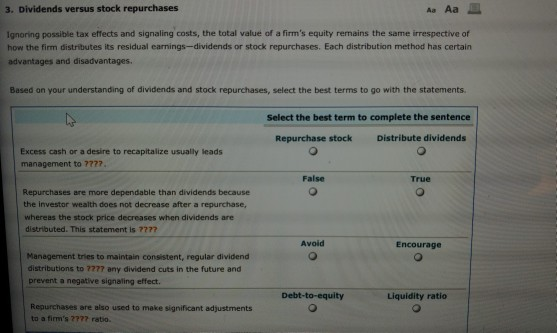Solved 3 Dividends Versus Stock Repurchases Ignoring Chegg