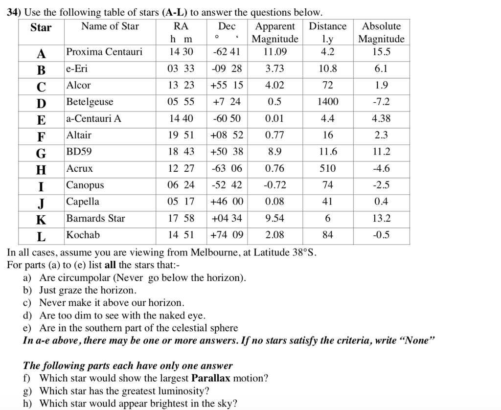 34) Use the following table of stars (A-L) to answer | Chegg.com