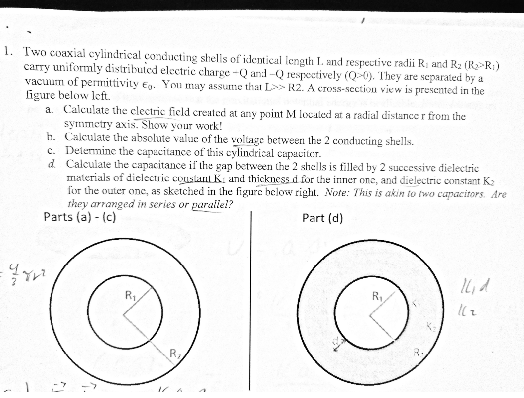 Solved 1. Two coaxial cylindrical conducting shells of | Chegg.com
