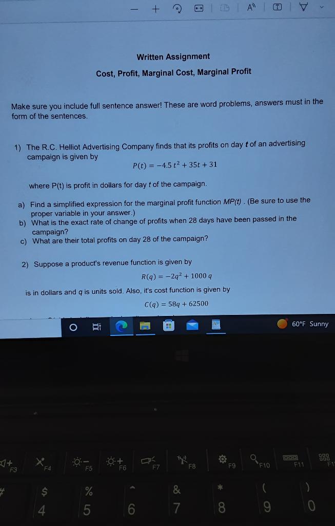 Solved Written Assignment Cost, Profit, Marginal Cost, | Chegg.com