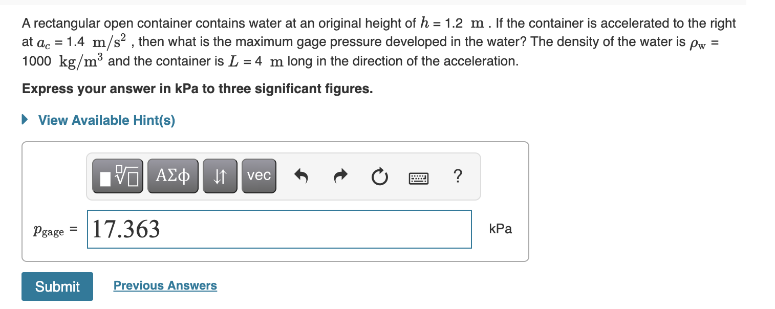 Solved A rectangular open container contains water at an | Chegg.com