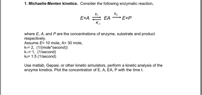 Solved 1. Michaelis-Menten kinetics. Consider the following | Chegg.com