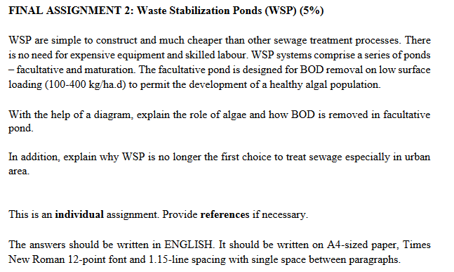 Solved FINAL ASSIGNMENT 2: Waste Stabilization Ponds (WSP) | Chegg.com
