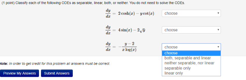 Solved (1 point) Classify each of the following ODEs as | Chegg.com