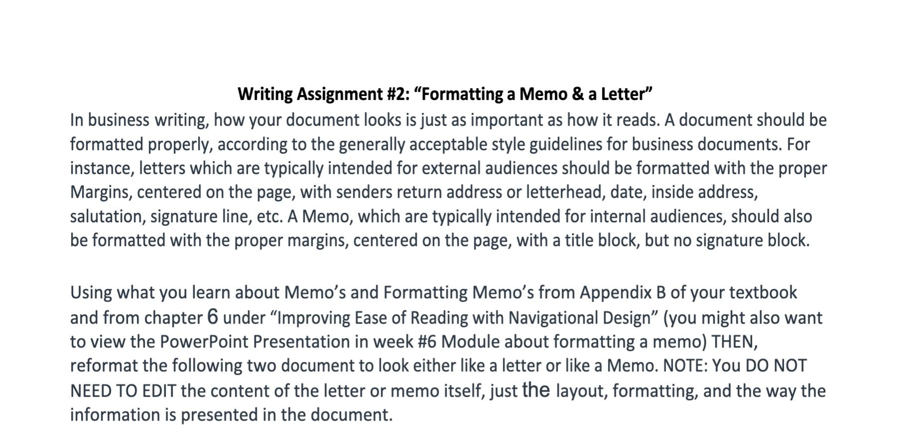 Solved Writing Assignment #2: “Formatting a Memo & a Letter" | Chegg.com