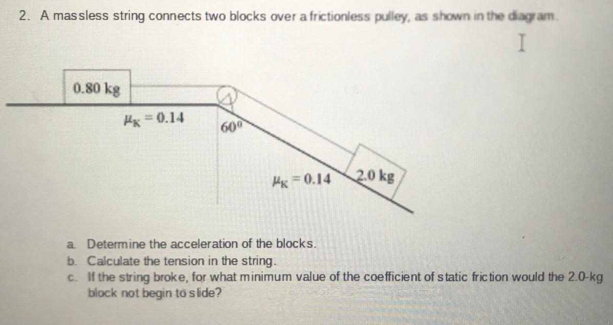 Solved 2. A massless string connects two blocks over a | Chegg.com