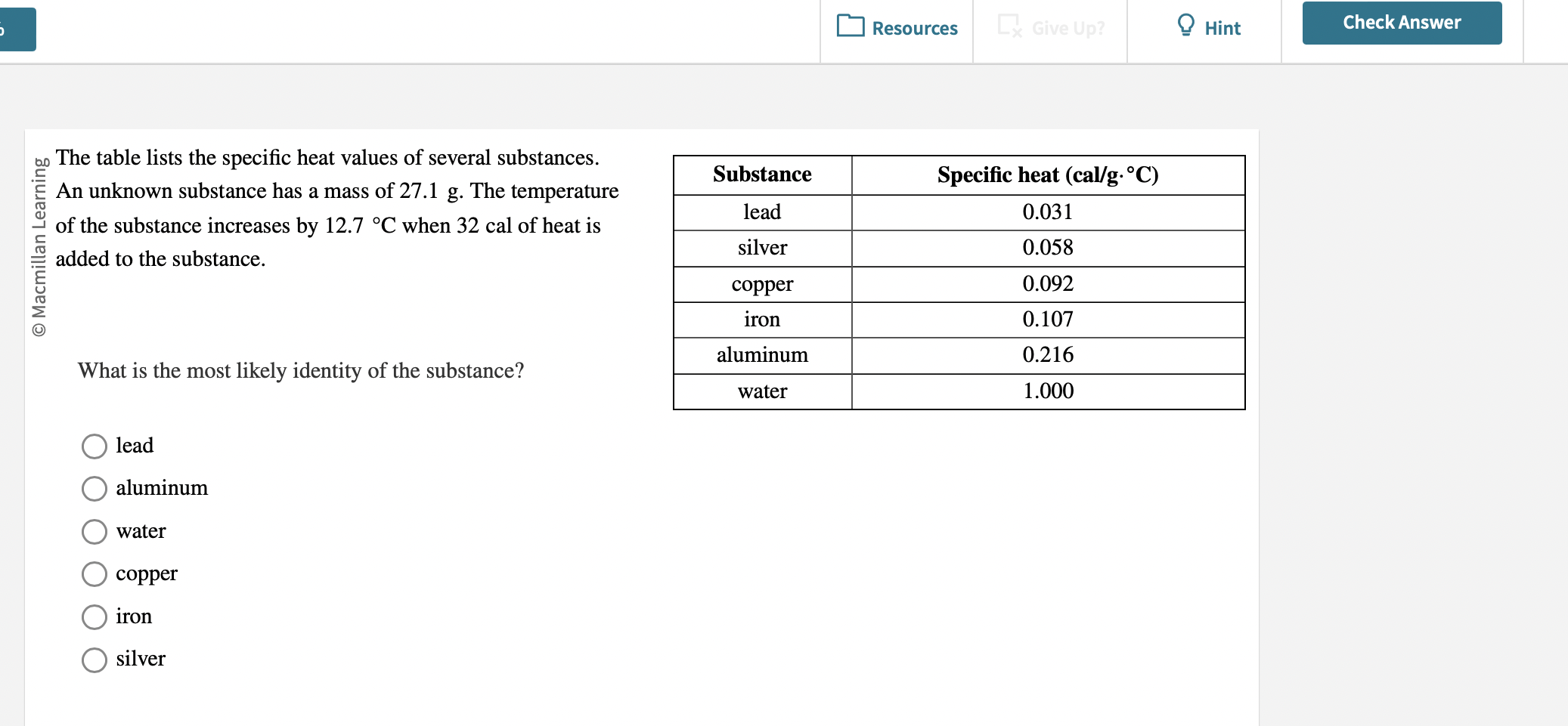Solved The table lists the specific heat values of several | Chegg.com