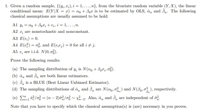 1. Given a random sample, {(yi,xi),i=1,…,n}, from the | Chegg.com