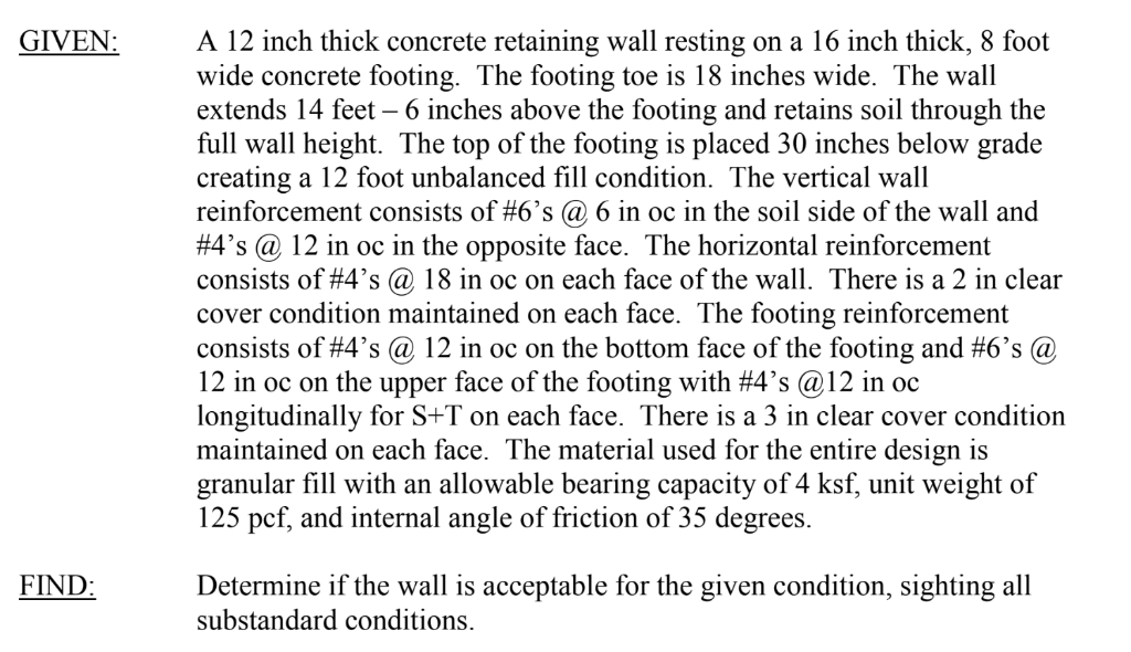 GIVEN:A 12 inch thick concrete retaining wall resting | Chegg.com