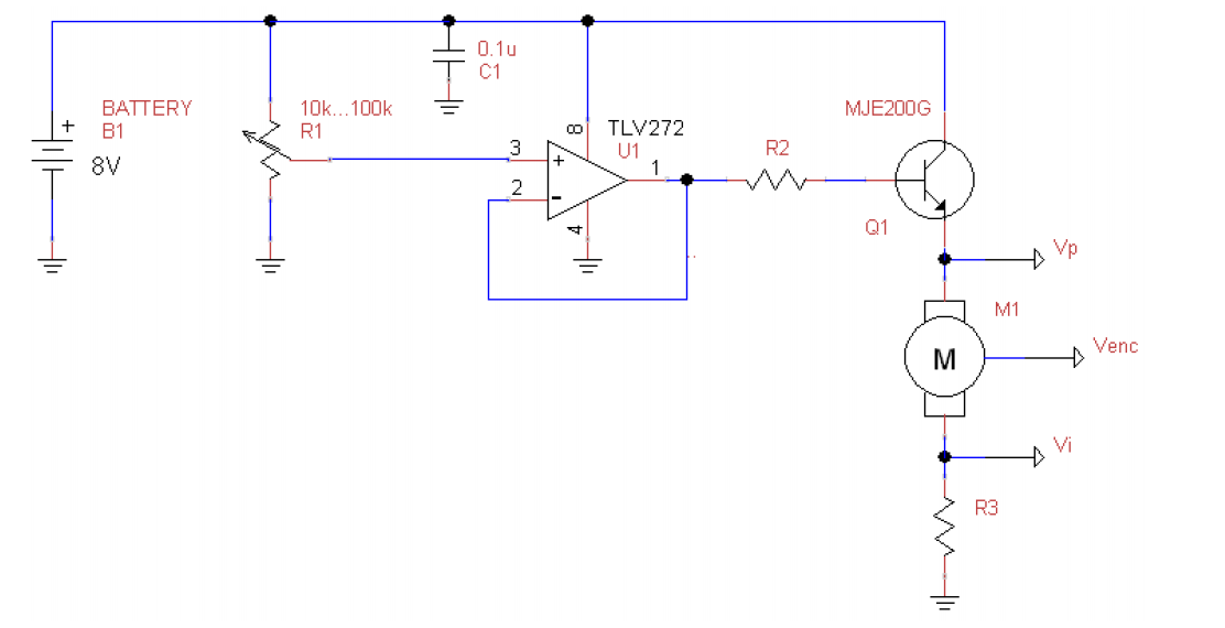 Solved 0.10 C1 BATTERY B1 8V 10k... 100K R1 MJE200G TLV272 | Chegg.com
