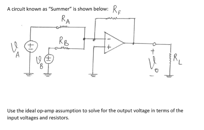 Solved A circuit known as "Summer" is shown below: R− Use | Chegg.com