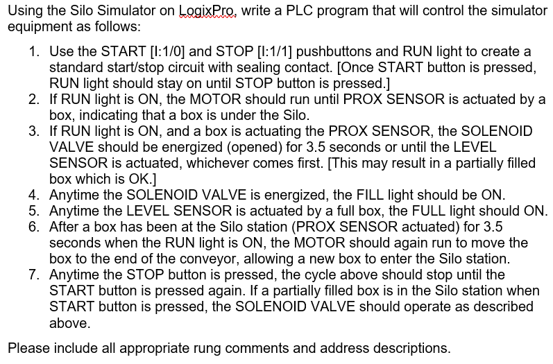 Solved Using the Silo Simulator on LogixPro, write a PLC | Chegg.com