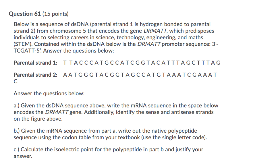 Solved Question 61 (15 points) Below is a sequence of dsDNA | Chegg.com