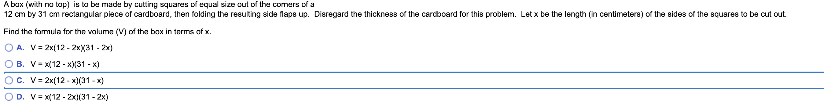 Solved Find the formula for the volume (V) of the box in | Chegg.com