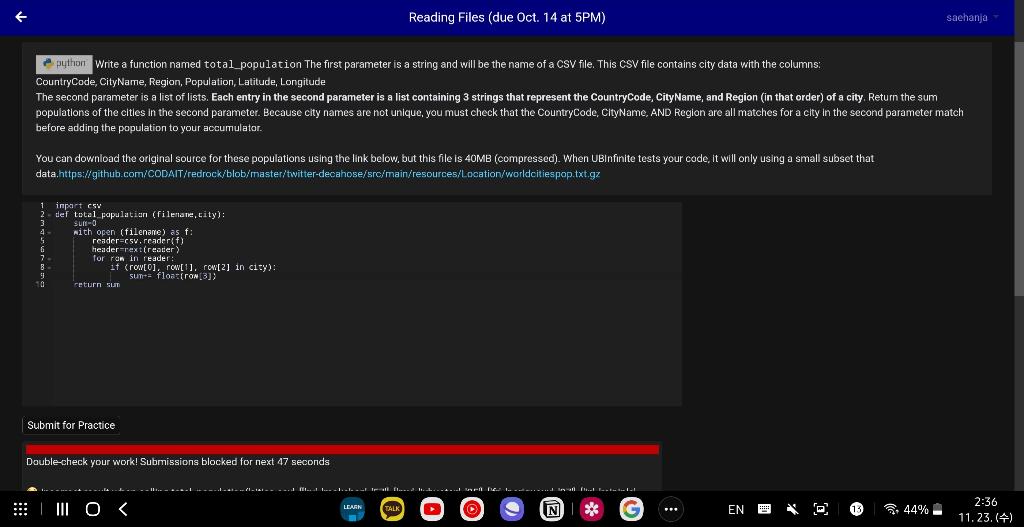 Solved python Write a function named total_population The | Chegg.com