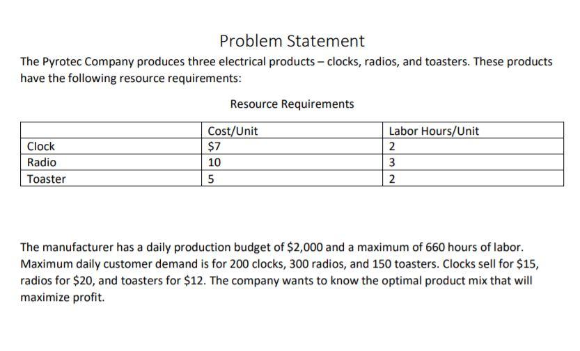 Solved Problem Statement The Pyrotec Company produces three | Chegg.com