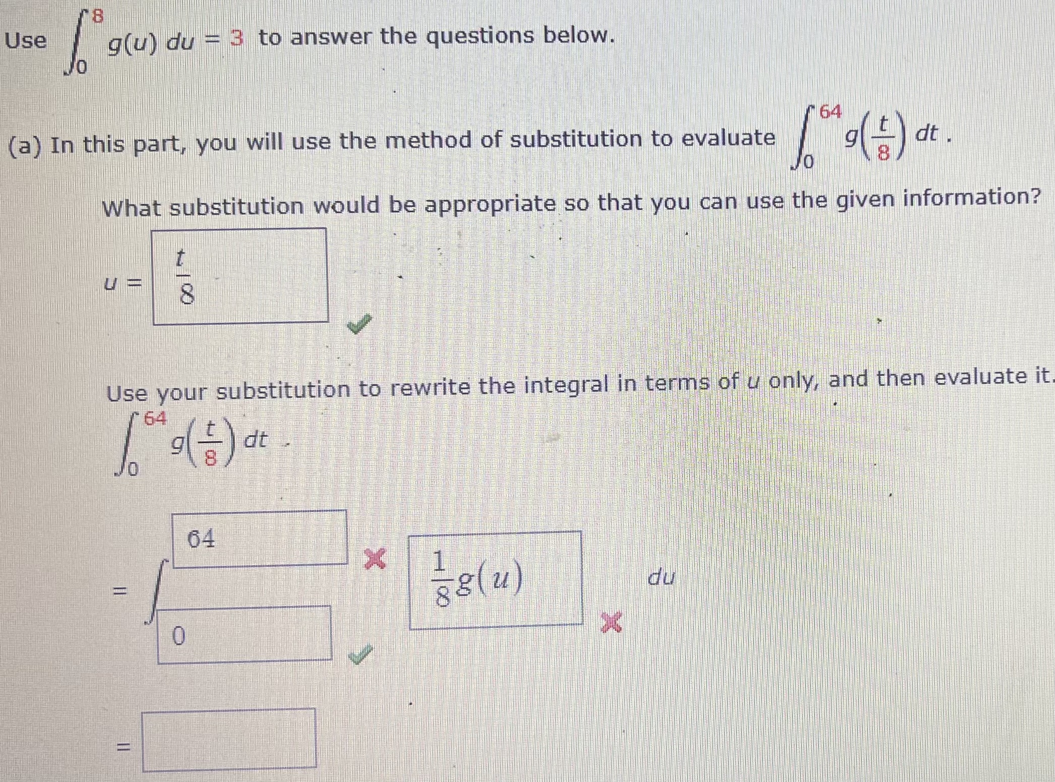 Solved Use ∫08g(u)du=3 to answer the questions below. (a) In | Chegg.com