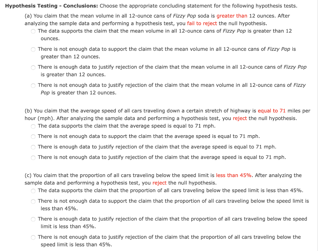 Solved Hypothesis Testing - Conclusions: Choose the | Chegg.com